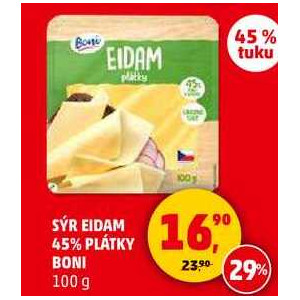 SÝR EIDAM 45% PLÁTKY BONI, 100 g v akci | AkcniCeny.cz