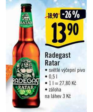 ARCHIV | Radegast Ratar světlé výčepní pivo, 0,5 l v akci platné do: 30 ...