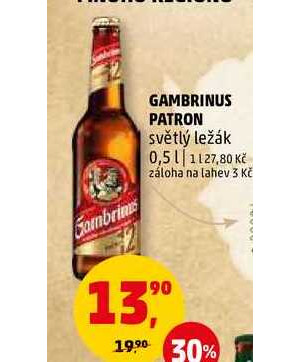 GAMBRINUS PATRON světlý ležák, 0,5 l v akci | AkcniCeny.cz