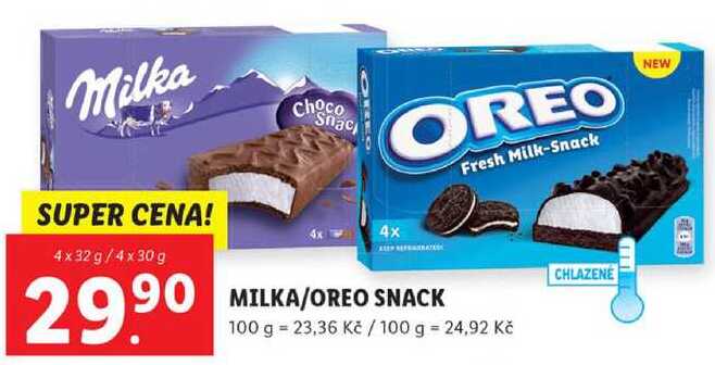 MILKA/OREO SNACK, 4x 32 g/4x 30 g v akci | AkcniCeny.cz