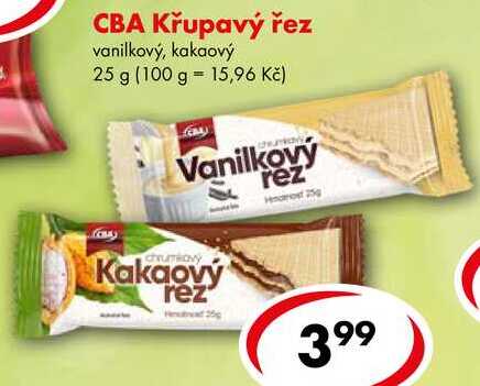 CBA Křupavý řez vanilkový, kakaový, 25 g v akci | AkcniCeny.cz