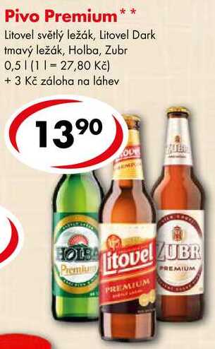 Pivo Premium Litovel světlý ležák, Litovel Dark tmavý ležák, Zubr, 0,5 ...
