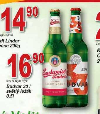 ARCHIV | Budvar 33 světlý ležák, 0,5 l v akci platné do: 22.11.2021 ...