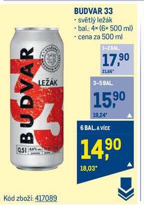 BUDVAR 33 světlý ležák sklo v akci | AkcniCeny.cz