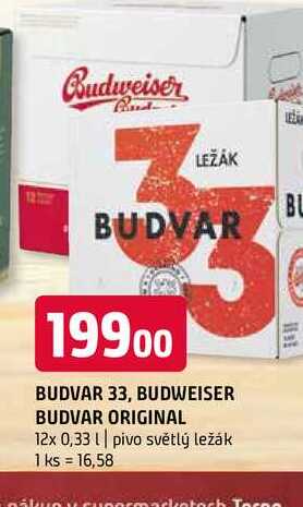 BUDVAR 33, BUDWEISER BUDVAR ORIGINAL 12x 0,33 l v akci | AkcniCeny.cz